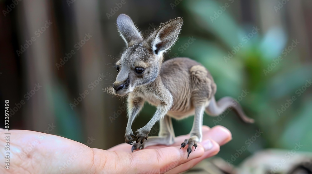 Miniature kangaroo joey balanced on human palm. Fuzzy grey fur, large ...