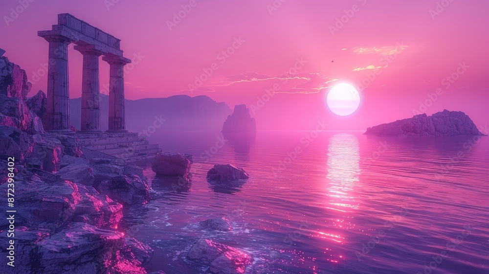 Imaginary landscape with an ancient stone temple in the distance ...