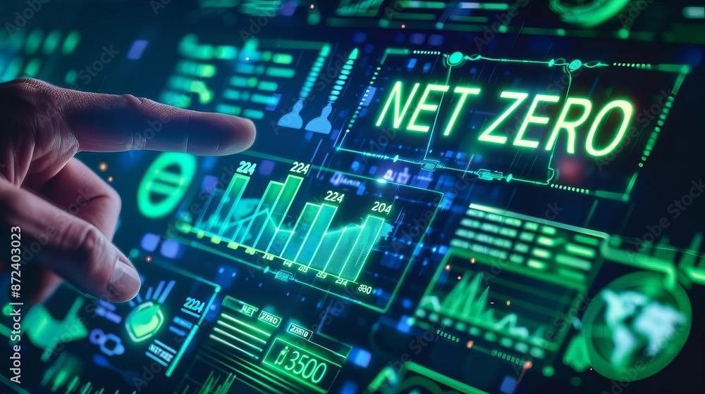 Net Zero Carbon Neutral A digital interface with a timeline from 2024 ...