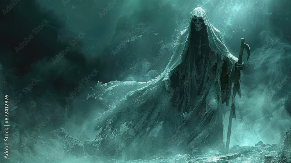 Grim Reaper: the iconic figure of death, shrouded in darkness and ...