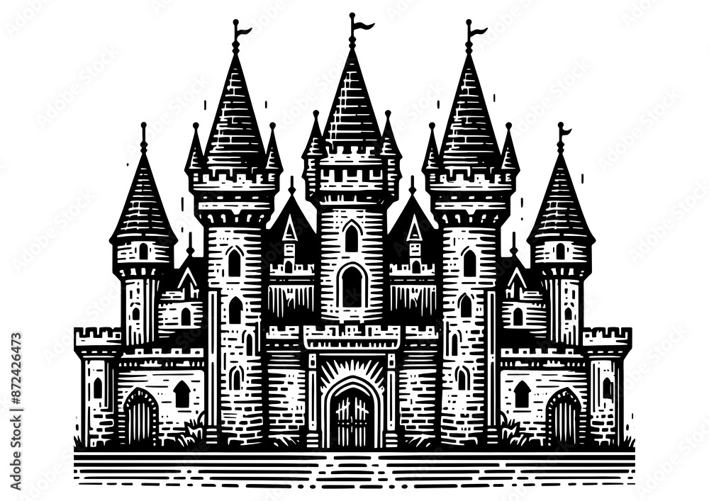 grand medieval castle with multiple towers and flags, showcasing ...