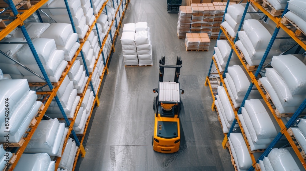 Large warehouse with bulk sugar bags, orderly storage barn, forklifts ...