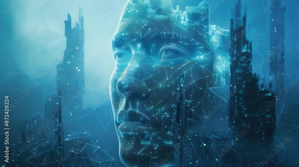 3d wireframe face emerging from digital landscape blue and white color ...