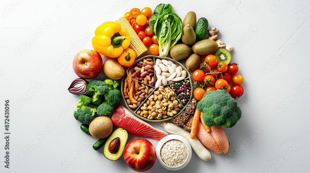 balanced diet concept with diverse array of colorful foods forming a ...