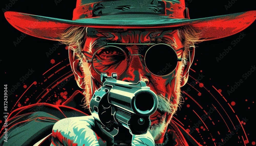 A rugged cowboy in a wide-brimmed hat and eye patch, squinting one eye ...