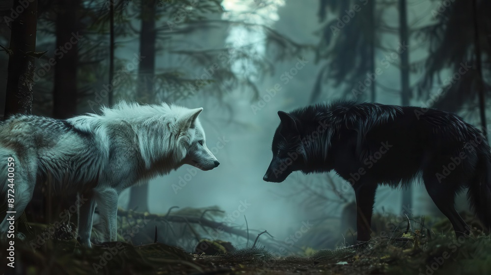 epic fantasy duel between majestic white and black wolves mystical ...