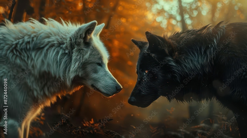 epic fantasy duel between majestic white and black wolves mystical ...