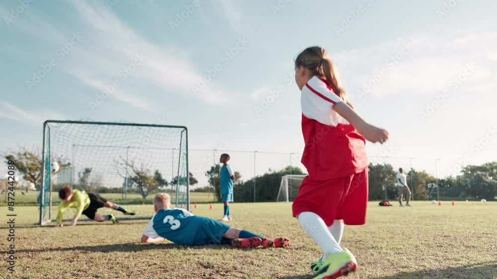 Football, player and children in stadium for shooting, practice and ...