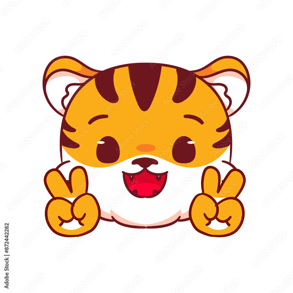 Cute Tiger Poses Peace Hand Sign Gesture Cartoon Character. Adorable ...