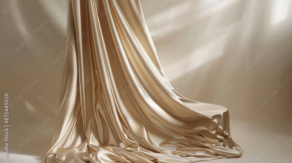 luxurious beige satin draped elegantly over a minimalist pedestal with ...