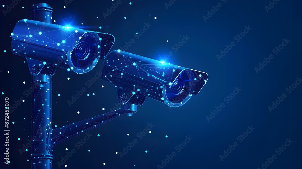 A two-camera CCTV security illustration in 3D. The blue concepts are ...