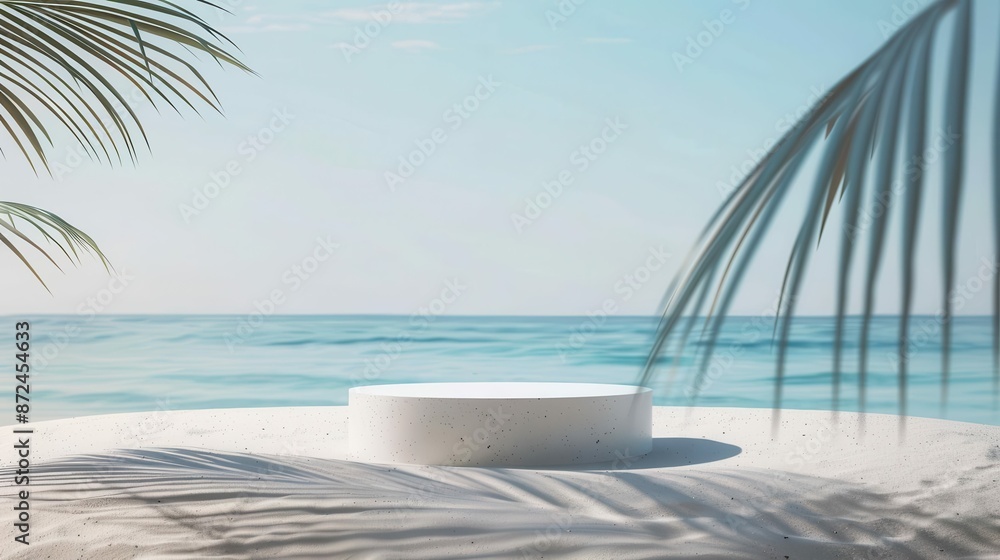 tranquil beach scene with a minimalist product podium emerging from ...