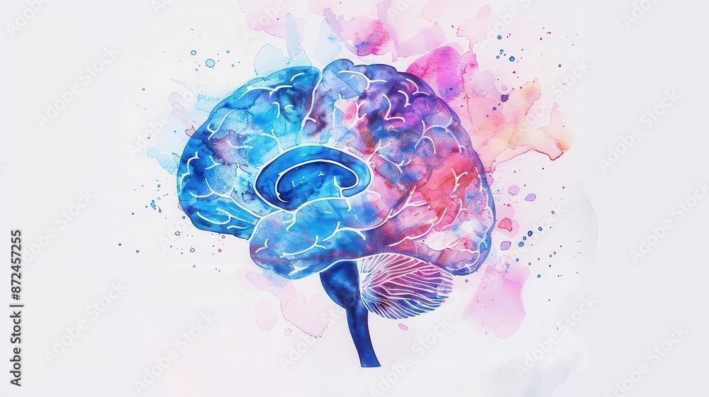 watercolor illustration of human brain with colorful synapses ...