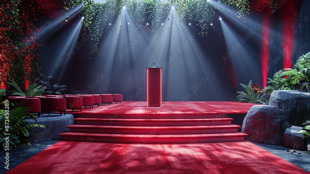 Award ceremony stage mockup with red carpet, VIP seating, and ...