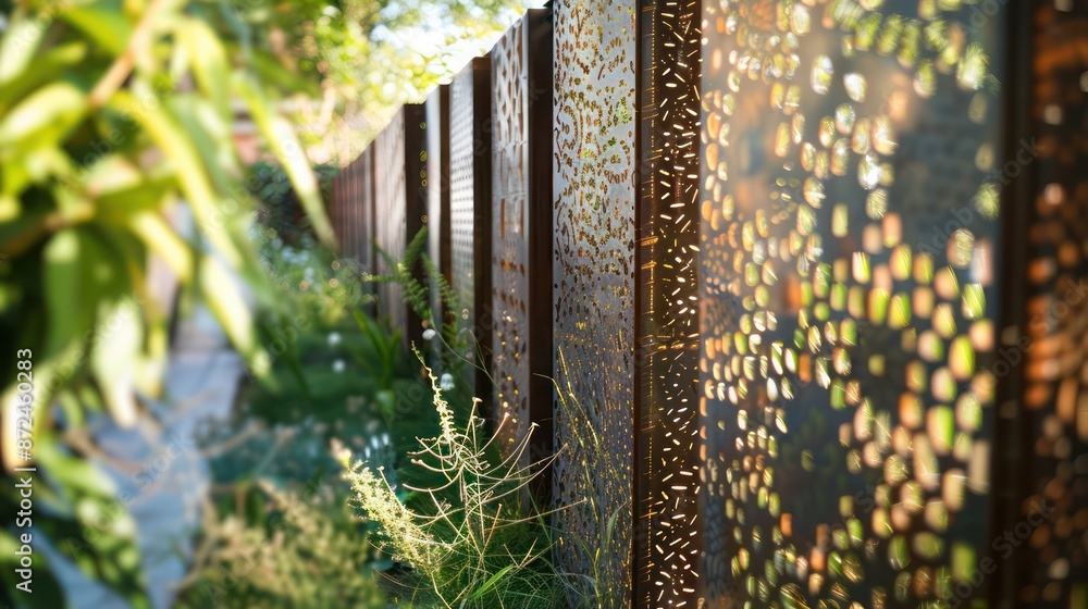 modular metal fence with perforated panels that create a lace-like ...