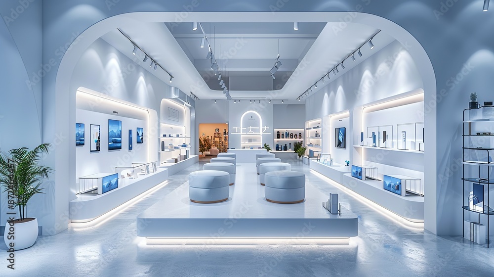 Product launch stage podium with product displays, tech gadgets, and ...