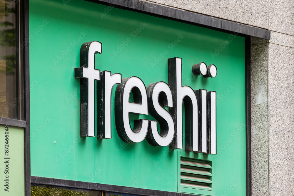 Toronto, Canada, July 2, 2024; The green logo sign above the entrance ...