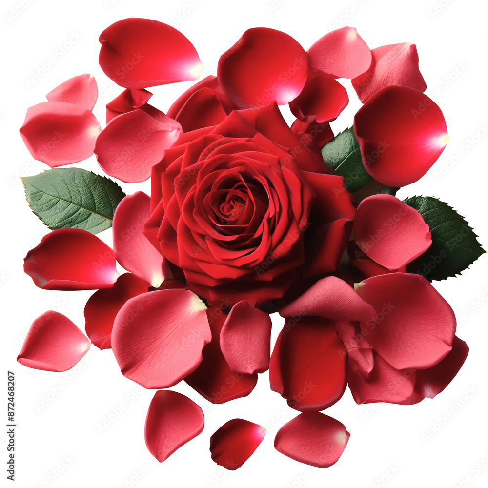 red rose flower with scattered rose petals and leaves top view isolated ...