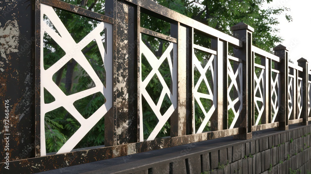 robust fence made of dark metal with a rustic finish, each panel ...