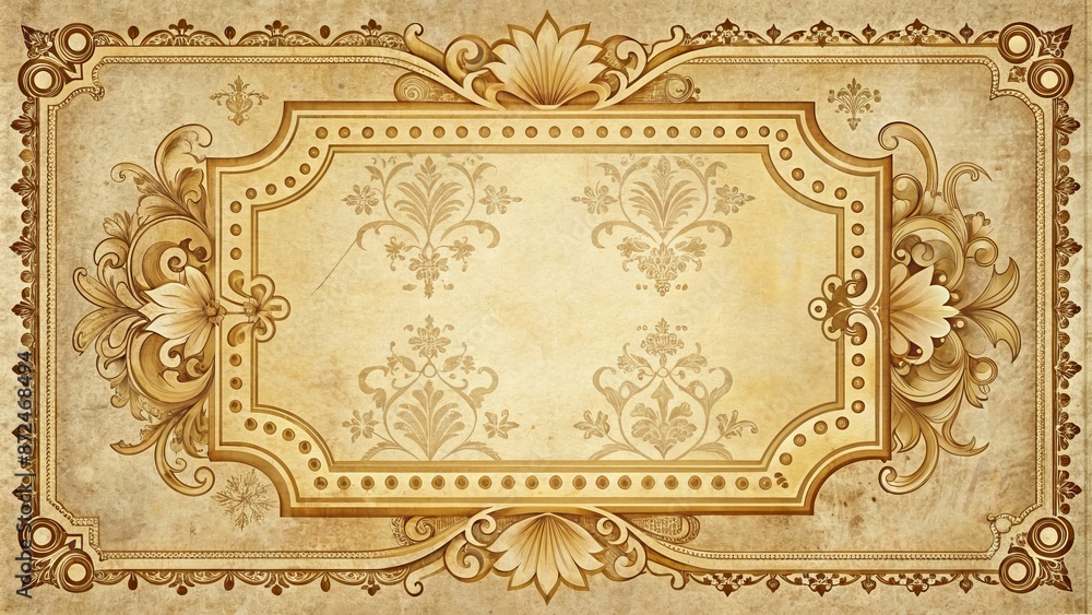 Old-fashioned ornate golden frame surrounds distressed vintage ticket ...