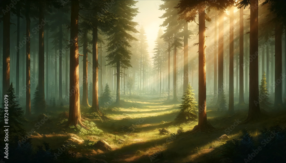 Sunlit forest RPG game background with tall trees and clearing Stock ...