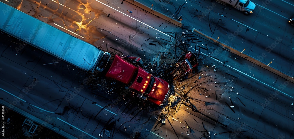 Aerial view of a severe truck accident on a highway at night, showing ...