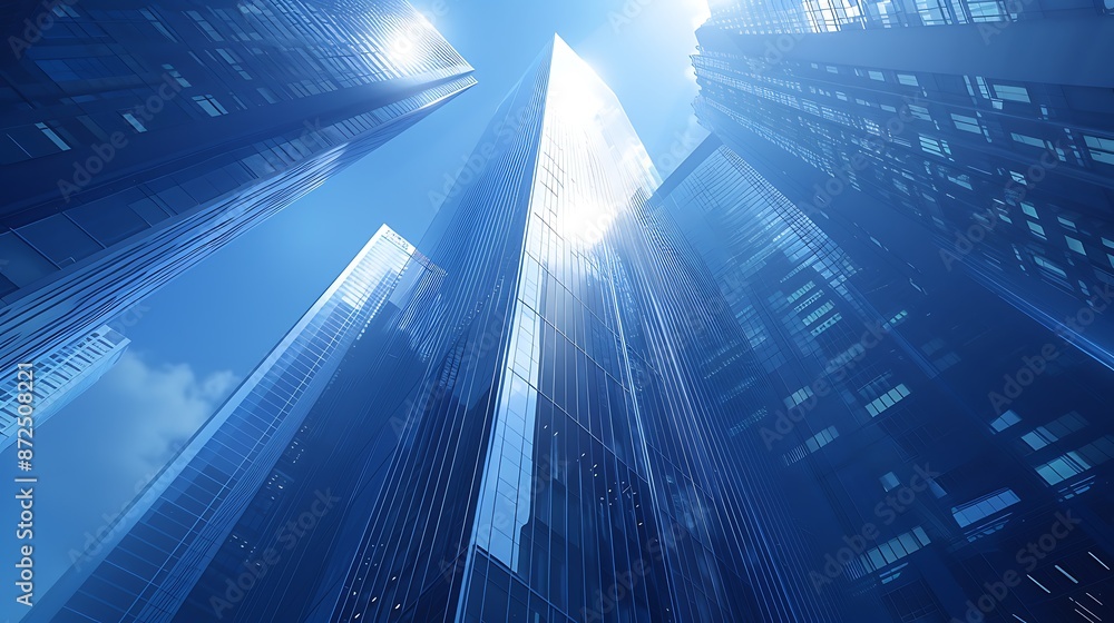 Modern skyscrapers, blue sky, low angle shot, perspective view, glass ...