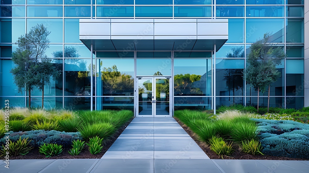 high quality photo of an office building in a modern commercial complex ...