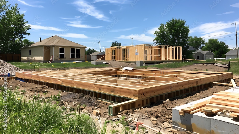 A photo of wooden beams being used to build the frame for two single ...
