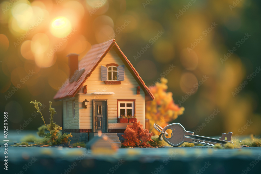 small red house with a key on the table. The house is surrounded by ...