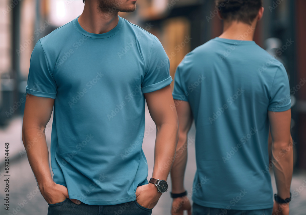 blue t-shirt mockup on male model, front and back view Stock ...