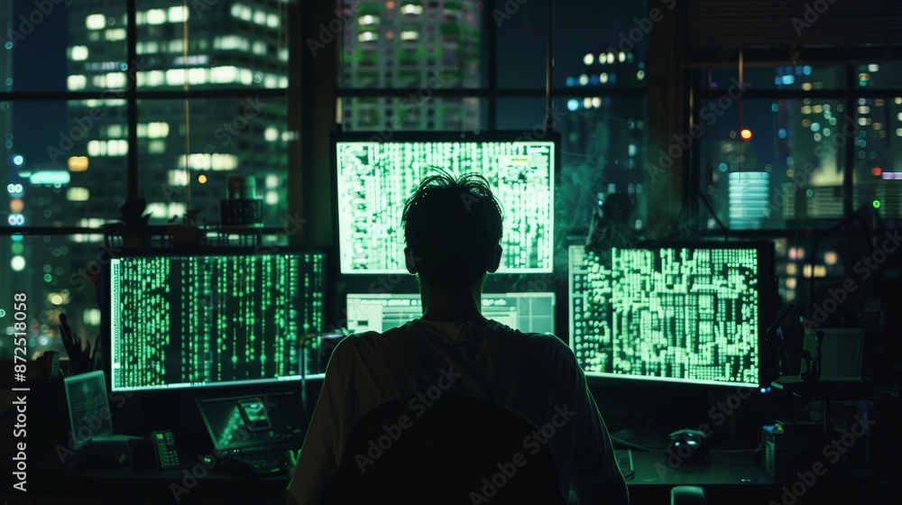 Capture a scene of a hacker in a dark room, multiple screens displaying streams of code, their ...