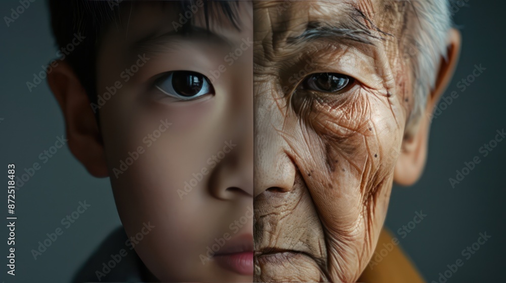 The face is divided into two halves - half of an Asian boy and half of ...