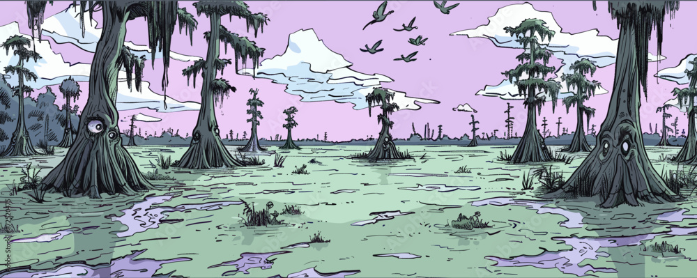 Surreal swamp landscape with twisted trees and murky waters under a ...