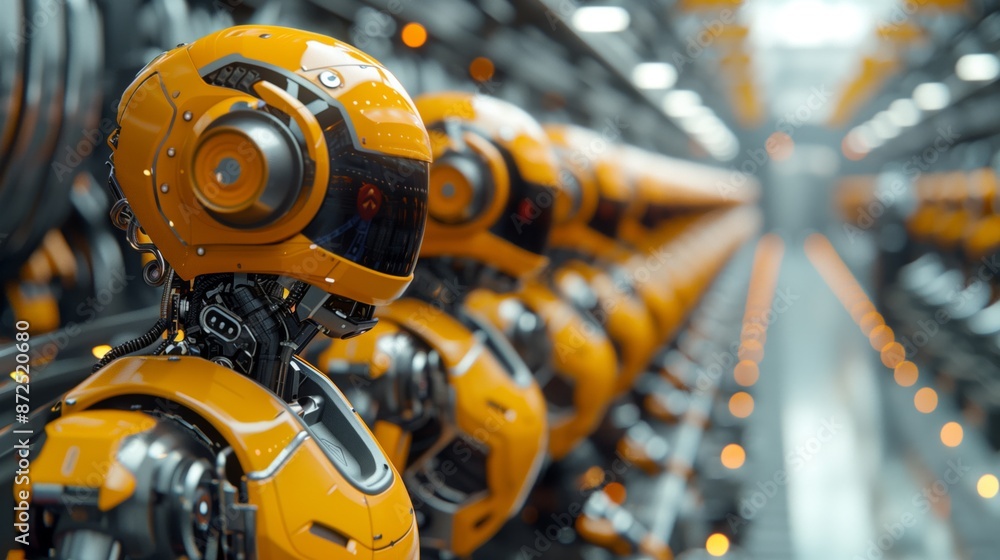 Row of Advanced Orange Robots. Futuristic scene of advanced orange ...