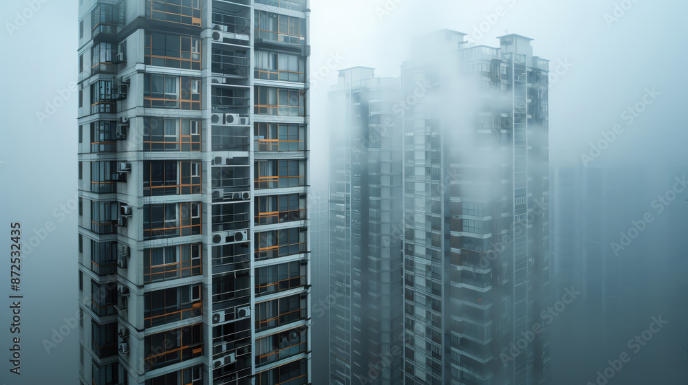 Tall high-rise buildings are enveloped in thick urban smog, emphasizing ...