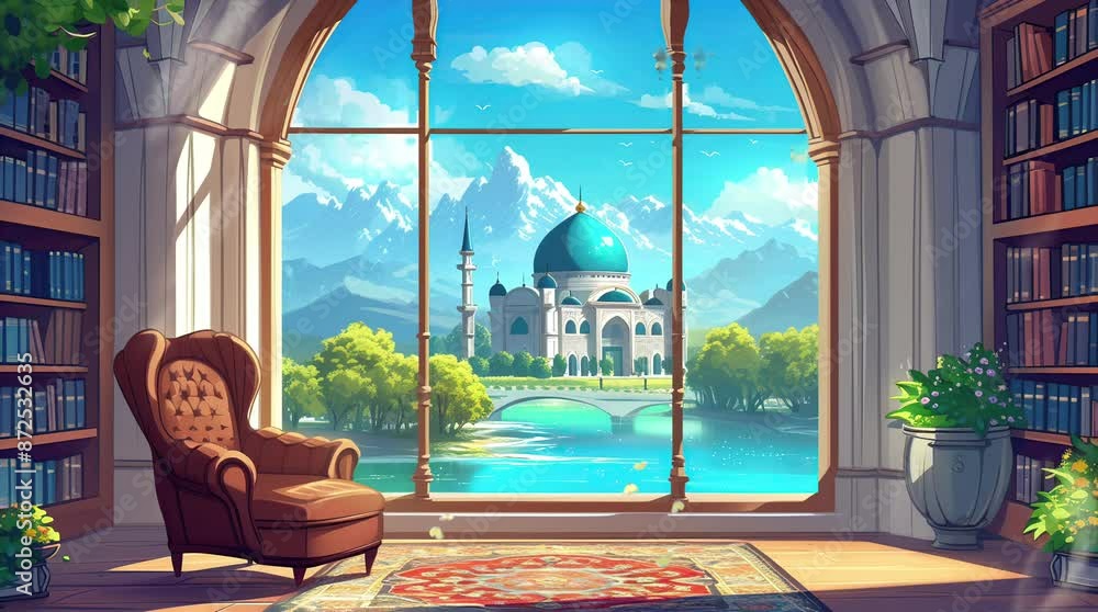 Traditional Arabic library room with a table by the window overlooking ...