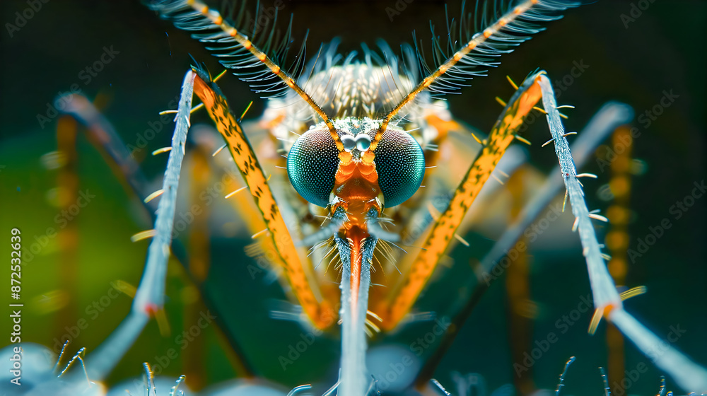Lone hyper detailed tiger mosquito with compound eyes reflecting light ...