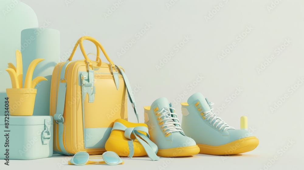 unisex three fashion objects composition, using a mix of yellow and ...