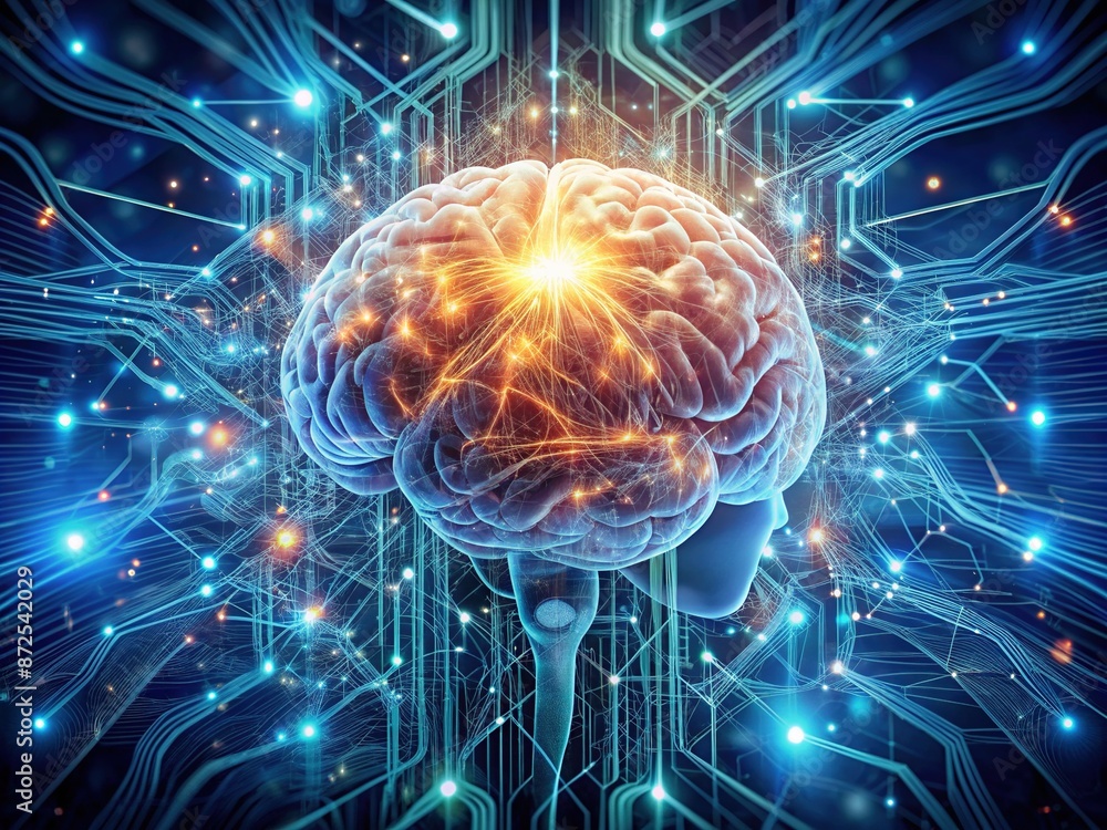 Futuristic digital x-ray of a brain floats in mid-air, surrounded by ...