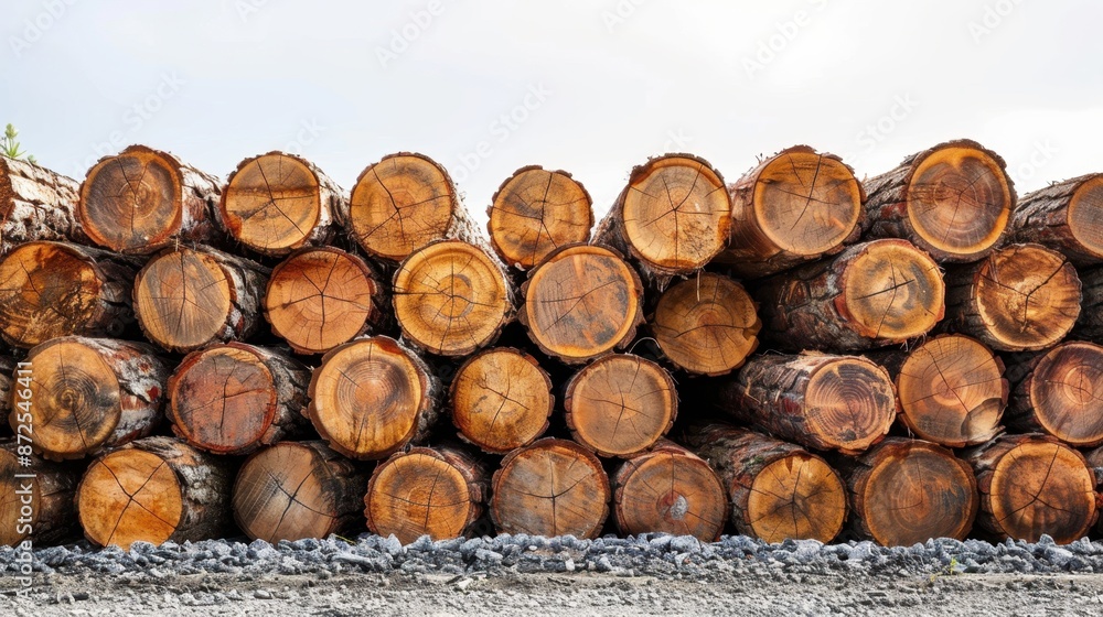 Stack of logs on gravel soil surface ready for transport or processing ...