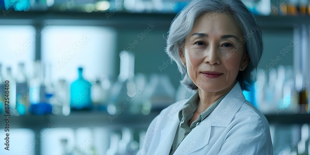 Senior Asian female scientist in her 60s working in a laboratory ...