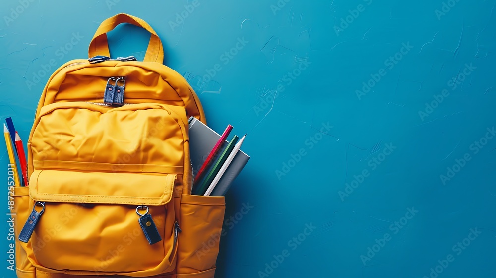 Yellow Backpack with School Supplies on Blue Background: A yellow ...