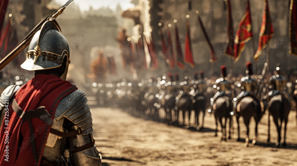 Medieval knight in armor observes cavalry parade with flags and ...