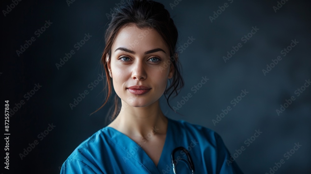 Create a somber portrait of a nurse in uniform, their expression ...