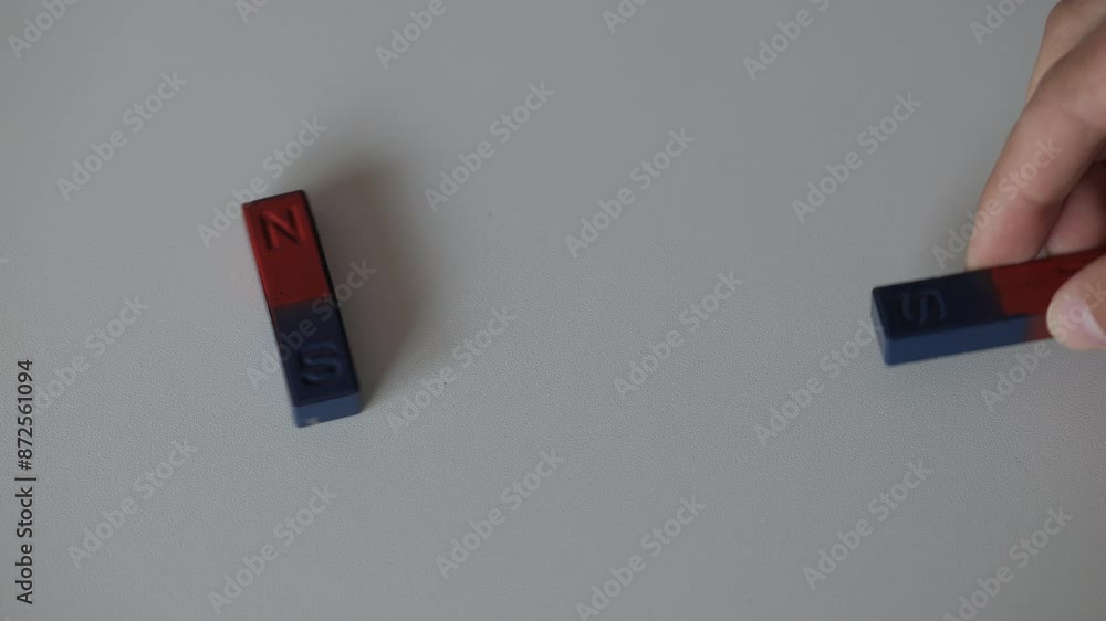 Science Educational Experiment With Magnets. Man Hand Moves Two Magnets ...