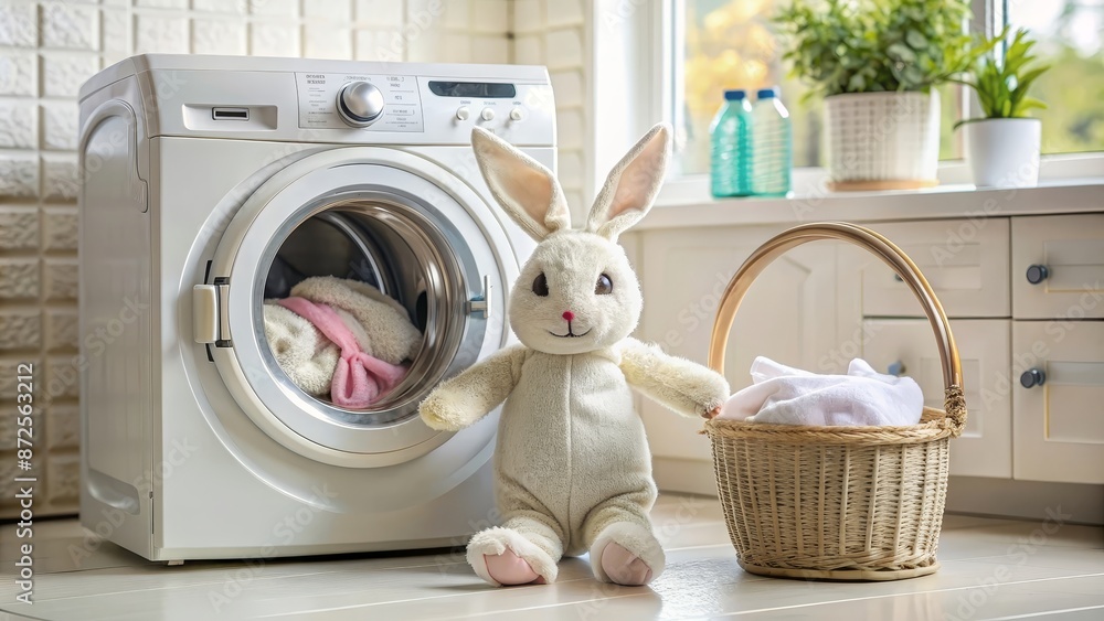 Laundry Day with a Plush Bunny - A white plush bunny toy stands next to ...