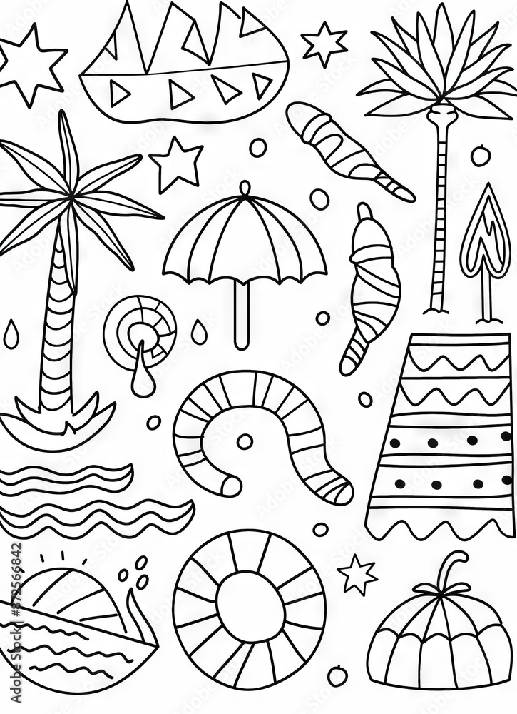 A coloring page filled with tropical icons, including palm trees, rain ...