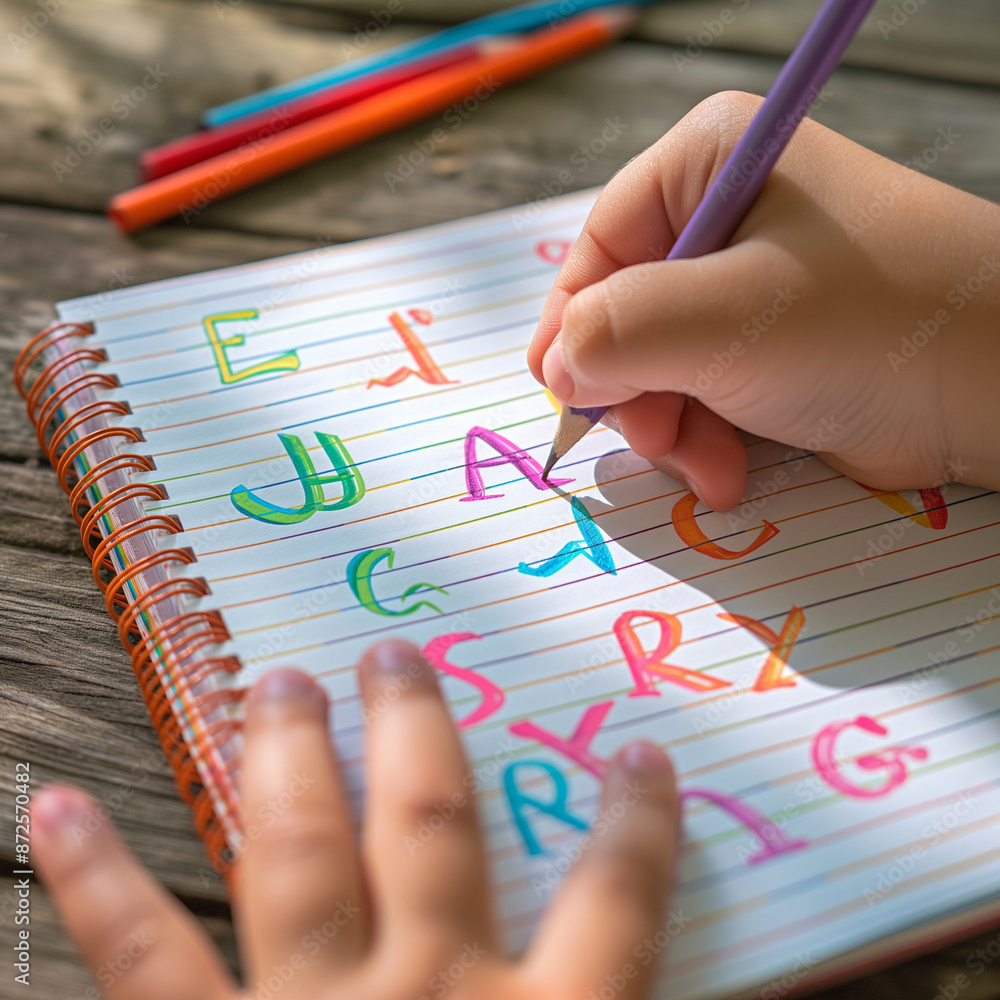 Educational Journey: Child's Hand Writing Alphabet Letters in Notebook ...