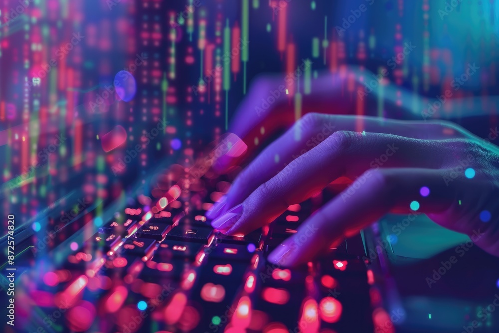 Close-up of fingers typing on a keyboard, with an overlay of glowing ...